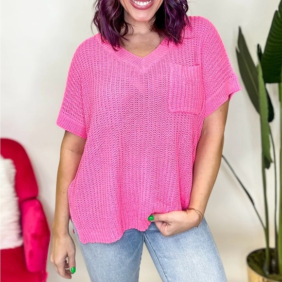 BiBi | Tops | New Bibi Vneck Short Sleeve Knit Sweater Top In Neon Pink ...